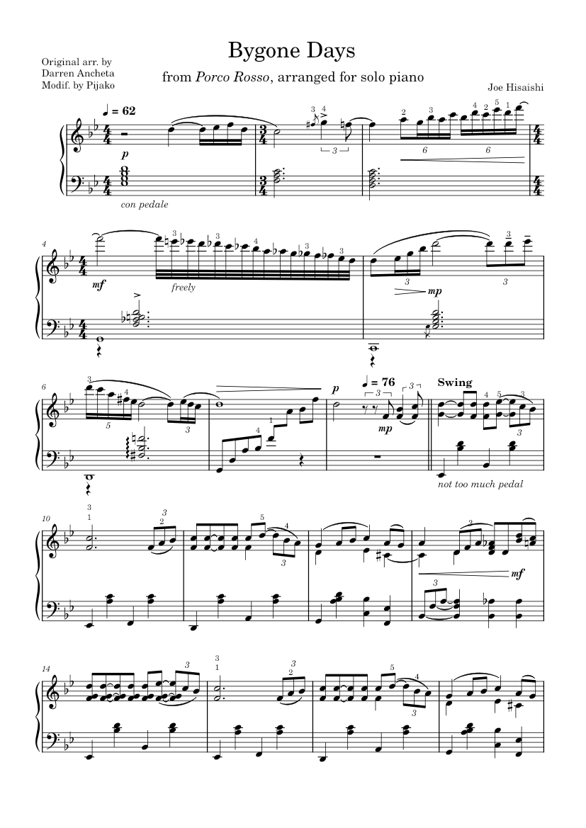 Bygone Days – Joe Hisaishi (for piano solo) Sheet music for Piano (Solo ...