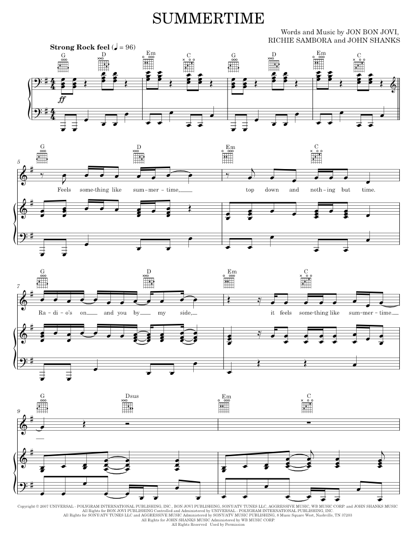 Play Official version of Summertime Sheet Music by Bon Jovi for Piano ...