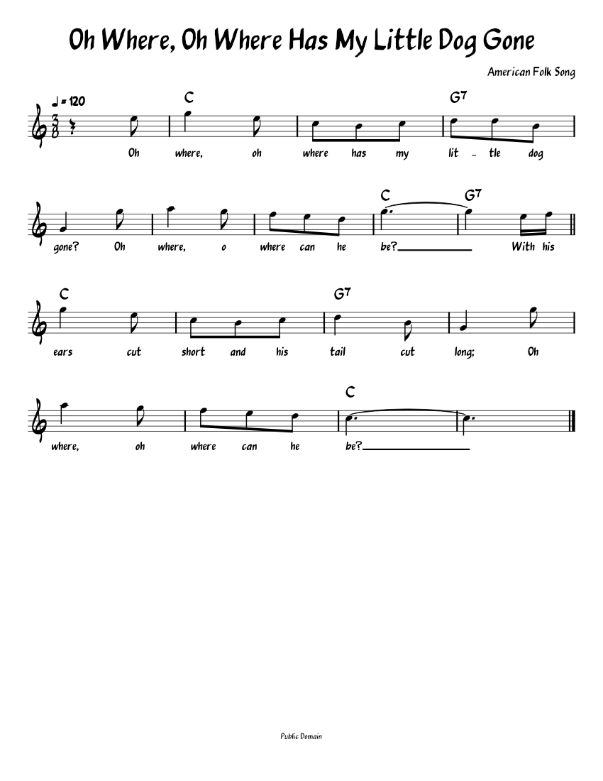 Oh Where, Oh Where Has My Little Dog Gone (Lead sheet with lyrics ...