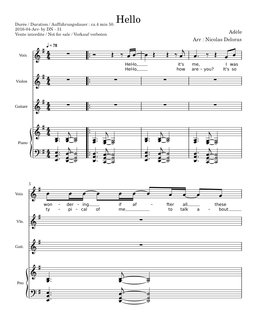 Hello – Adele Hello - Adèle Sheet Music for Piano, Vocals, Violin ...
