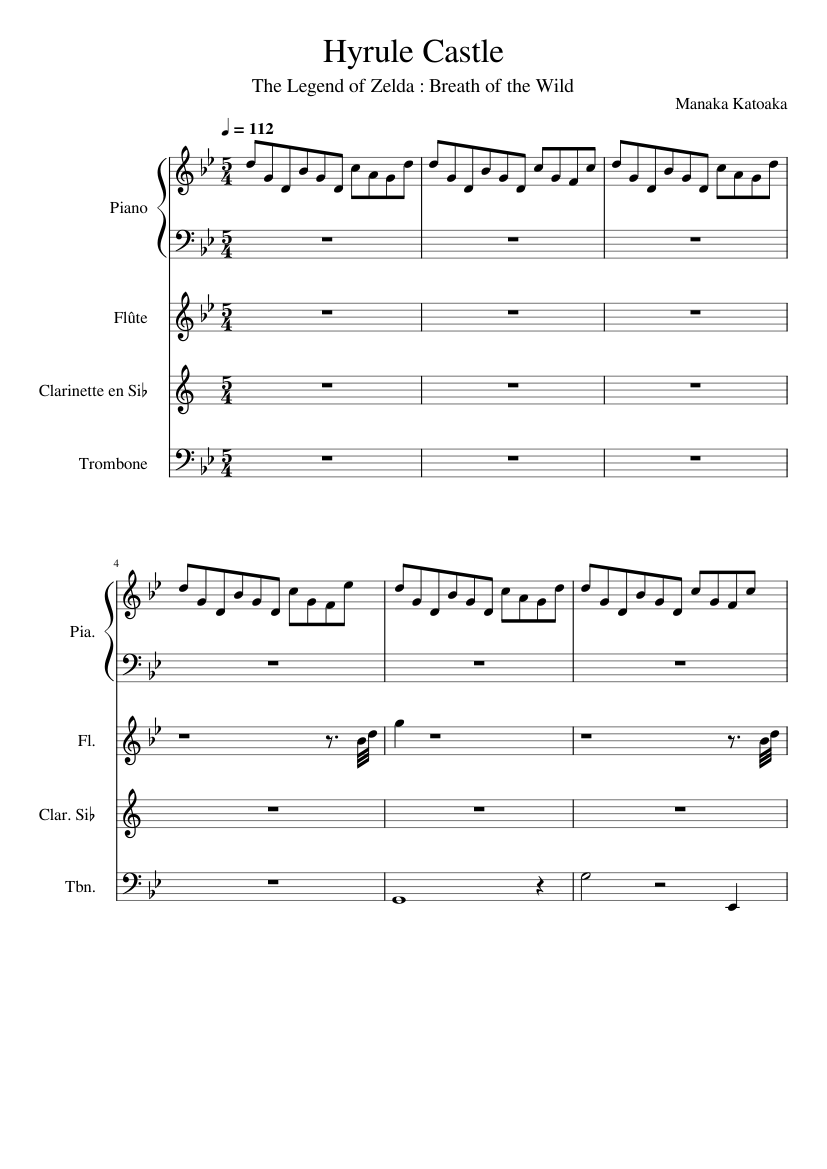 Hyrule Castle Sheet music for Piano, Trombone, Flute, Clarinet in b-flat (Mixed Quartet ...