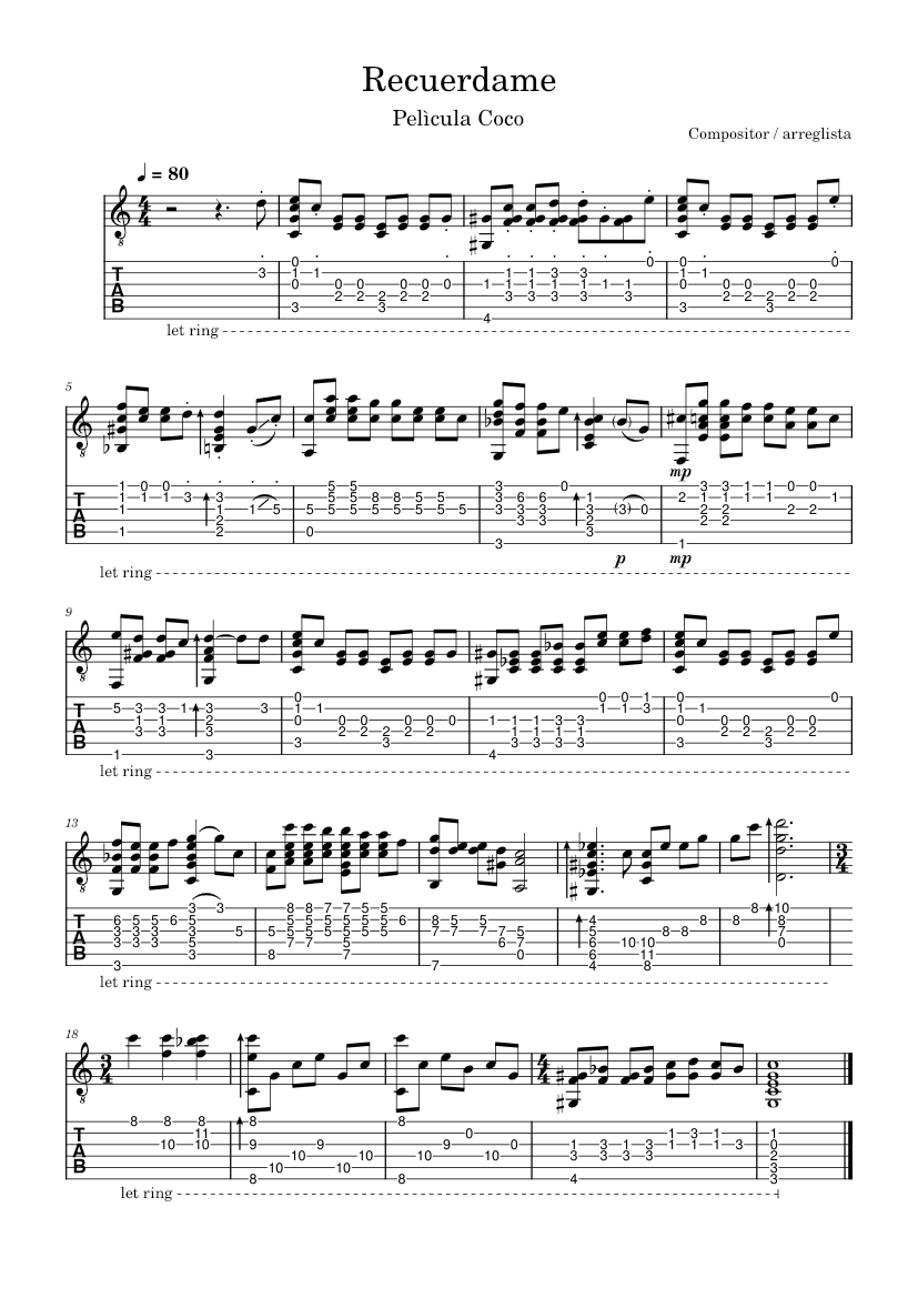 Recuerdame - COCO – 00000 Sheet music for Guitar (SATB) | Musescore.com