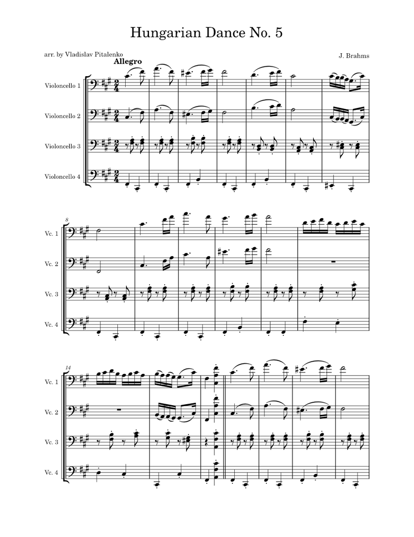 Hungarian Dance No. 5 – Johannes Brahms (4 cellos) Sheet music for Cello (String Quartet ...