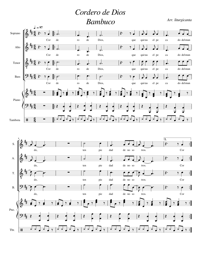 Cordero de Dios (Bambuco) Sheet music for Piano, Soprano, Alto, Tenor ...