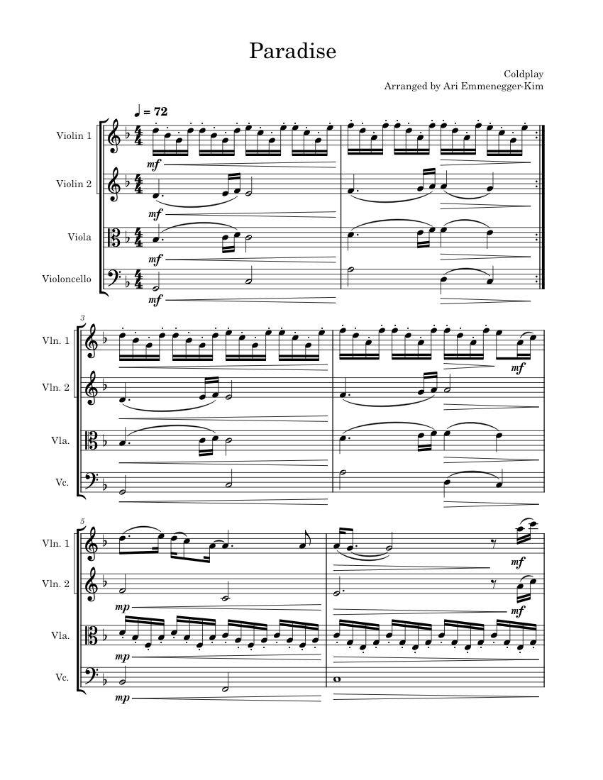 Paradise – Coldplay Sheet Music for Violin, Viola, Cello (String ...