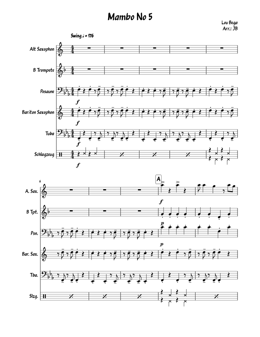 Mambo No 5 (Lucky Chops Version) Sheet music for Trombone, Tuba, Saxophone alto, Saxophone ...