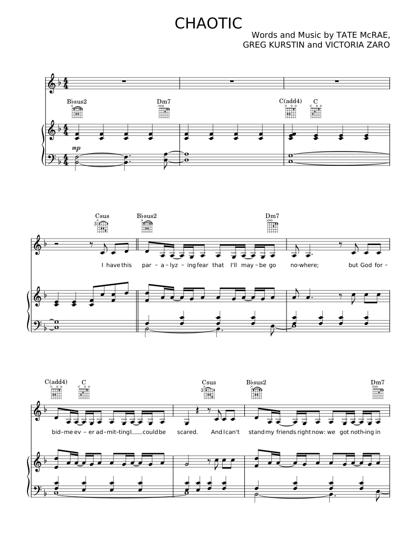 Chaotic - Tate McRae Sheet music for Piano, Vocals (Mixed Trio ...