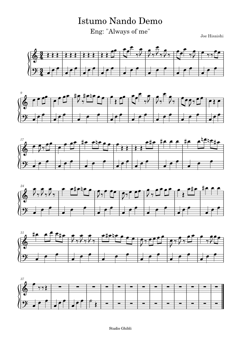 Itsumo Nando Demo – Joe Hisaishi Sheet Music for Piano (Solo) Easy ...