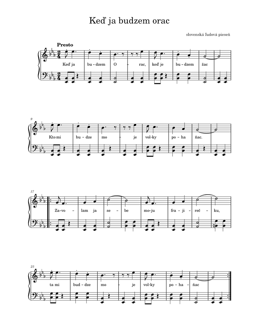 Keď ja budzem orac – Slovak Folklore Sheet music for Piano (Solo) Easy ...