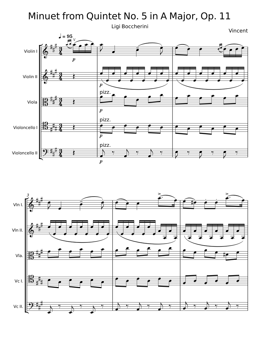 Minuet from Quintet No. 5 in A Major - Luigi Boccherini Sheet music for Viola, Strings group ...