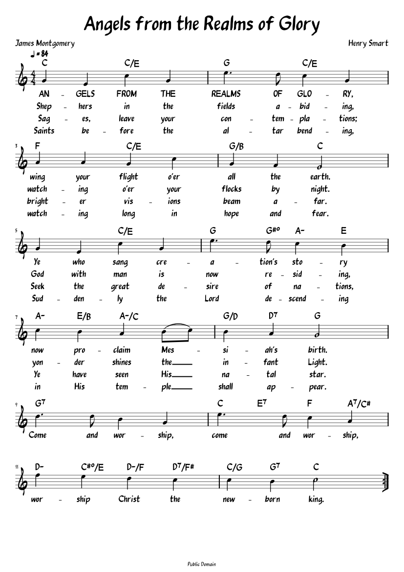 Angels From the Realms of Glory (Lead sheet with lyrics ) Sheet Music ...