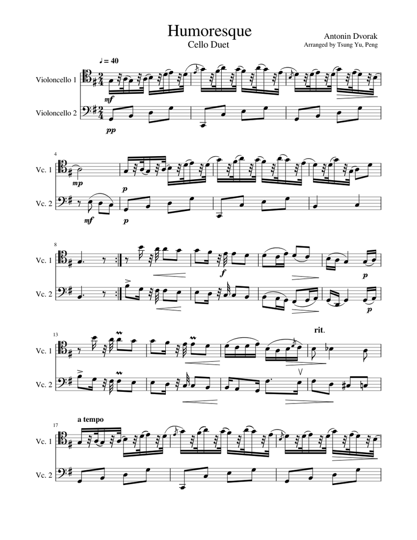Dvorak Humoresque Cello Duet Sheet music for Cello (String Duet ...