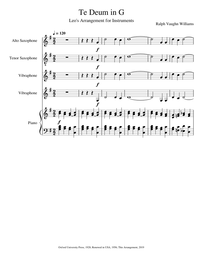 Te Deum in G for Instruments Sheet music for Piano, Saxophone alto, Saxophone tenor, Vibraphone ...