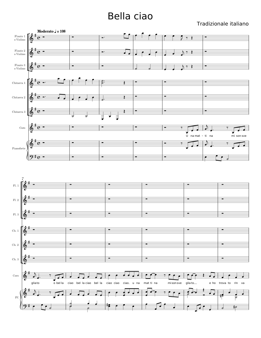 Bella ciao - Misc Traditional Sheet music for Piano, Vocals, Flute, Guitar (Mixed Ensemble ...