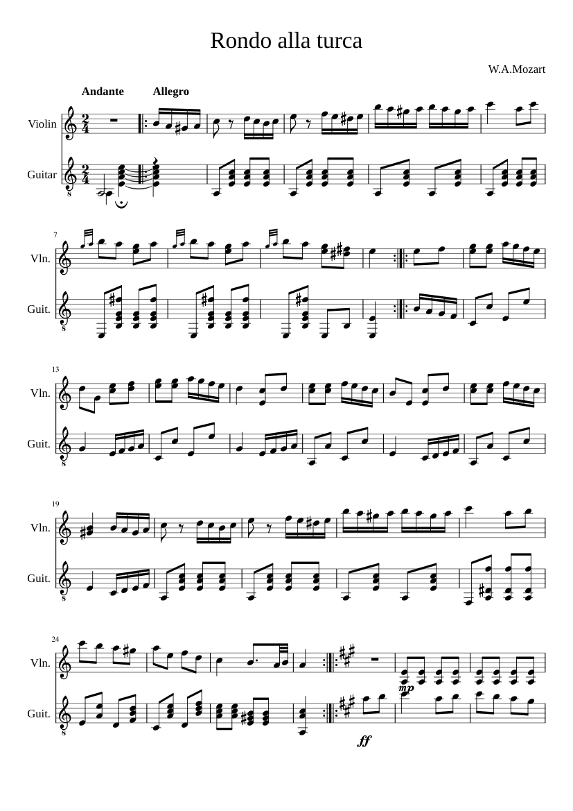 La marcia turca - Mozart Sheet music for Violin, Guitar (Mixed Duet ...