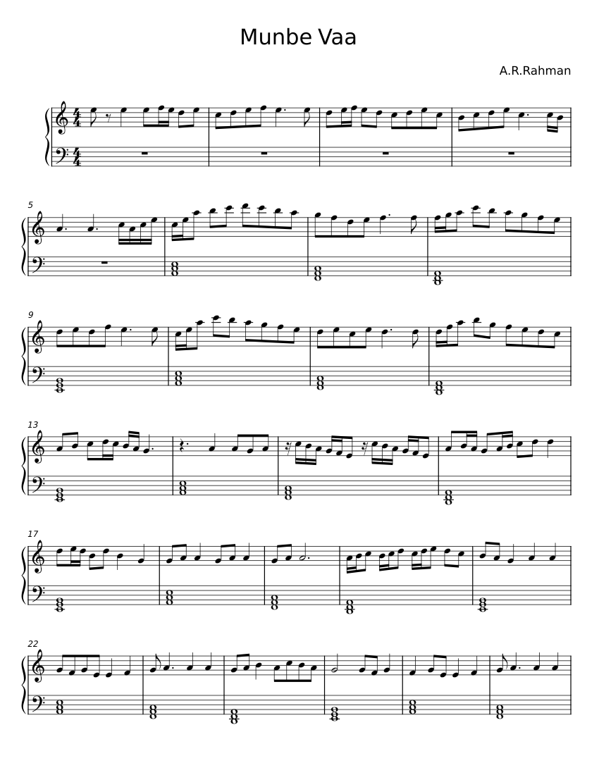 Munbe Vaa - A. R. Rahman Sheet Music for Piano (Solo) easy | MuseScore.com