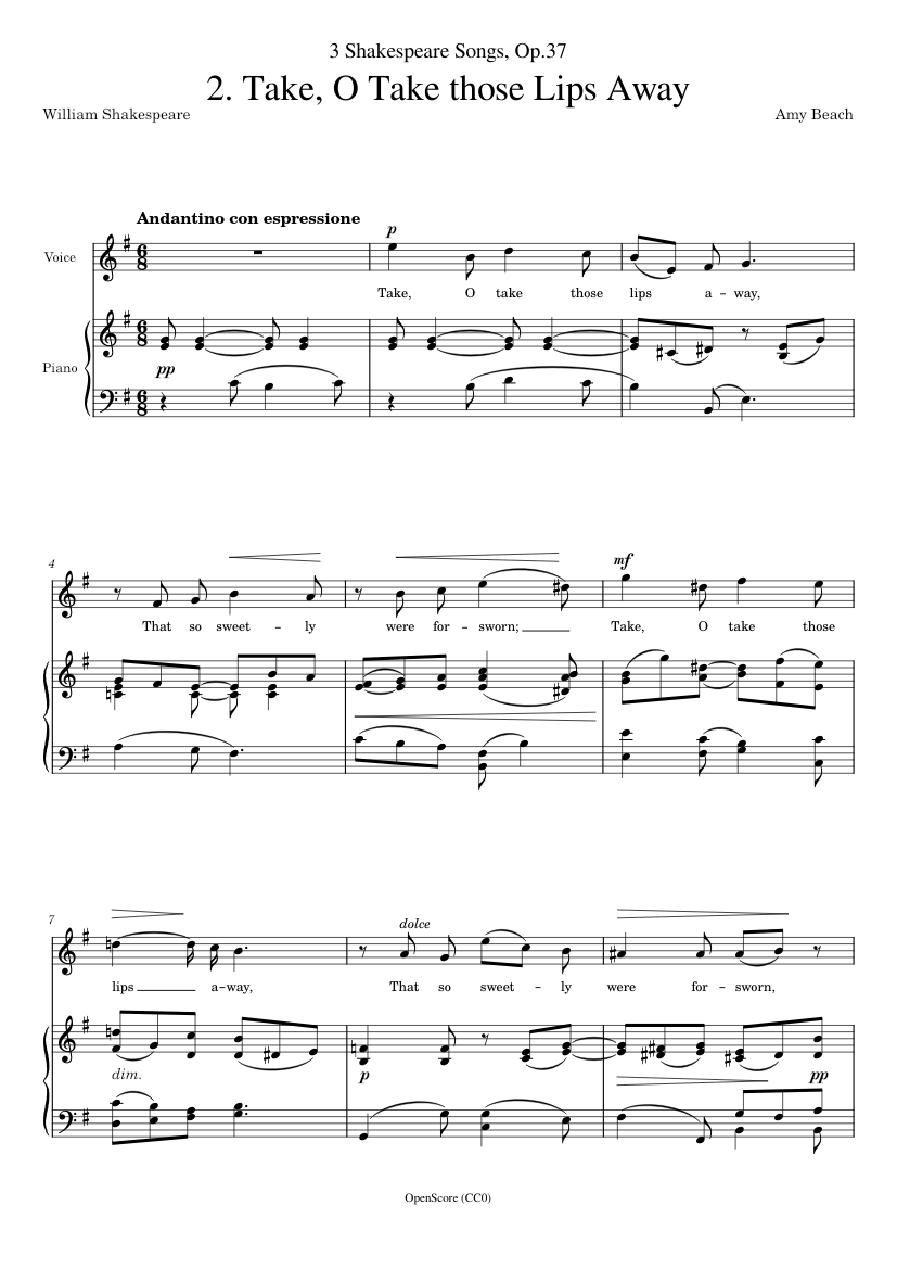 Beach, Amy – 3 Shakespeare Songs, Op.37, No.2 – Take, O Take those Lips ...