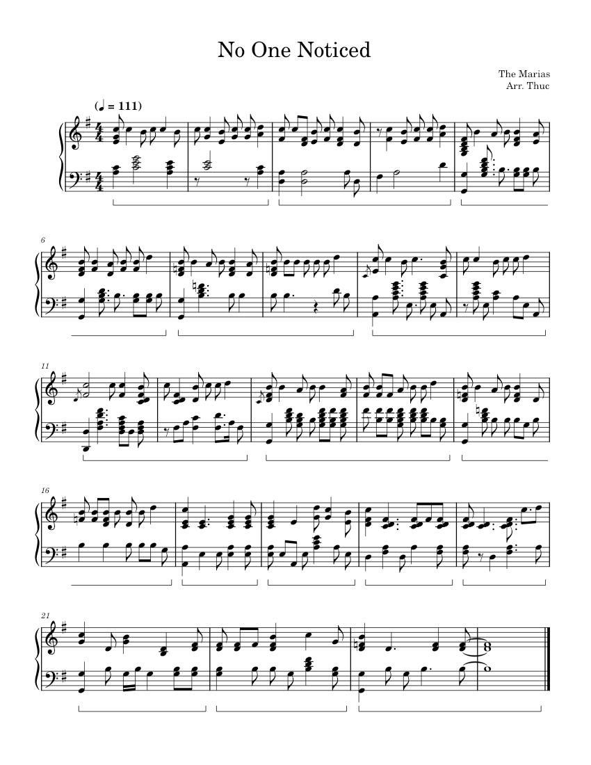 No One Noticed – The Marías (Solo Piano) Sheet Music for Piano (Solo ...