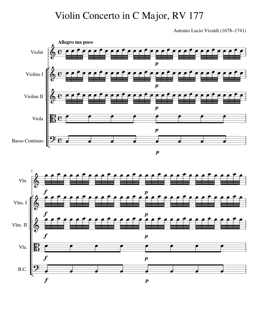 Vivaldi—Violin Concerto in C Major, RV 177 Sheet music for Violin, Viola, Cello, Strings group ...