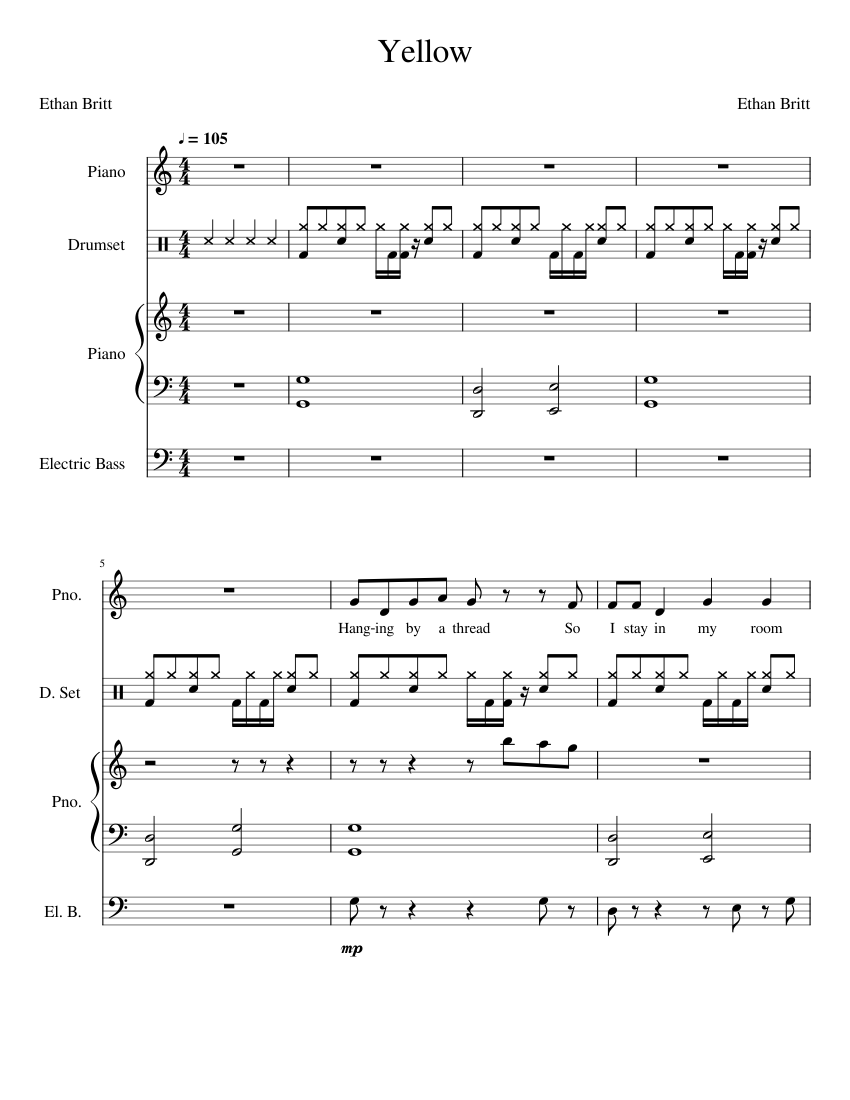 Yellow Sheet music for Piano, Bass guitar, Drum group (Mixed Quartet ...