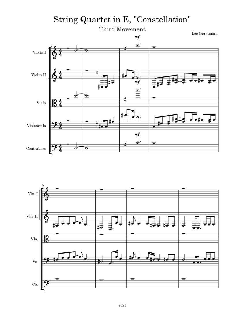 String Quartet in E, "Constellation" - Third Movement Sheet music for Contrabass, Violin, Viola ...