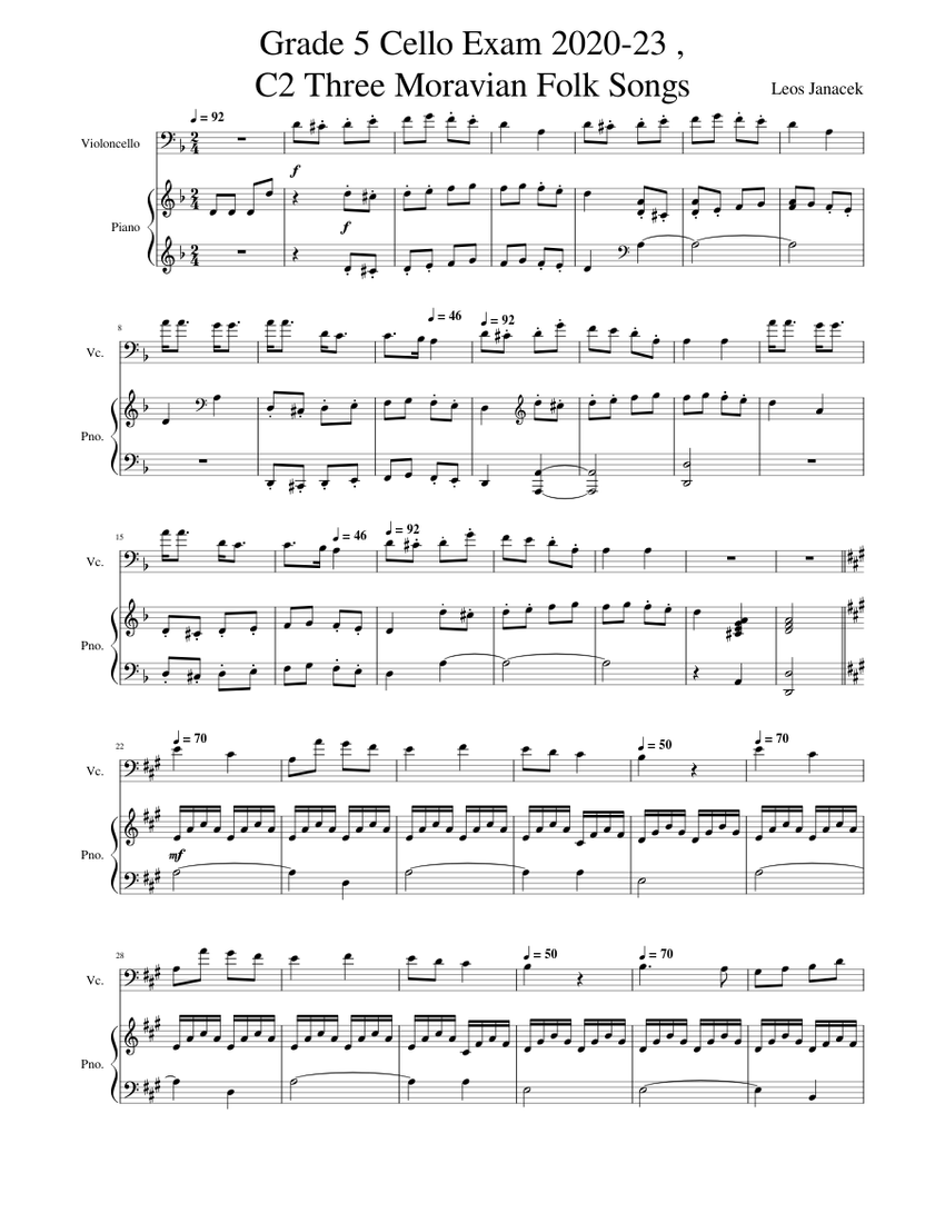 Grade 5 Cello Exam 2020-23 , C2 Three Moravian Folk Songs Sheet music ...