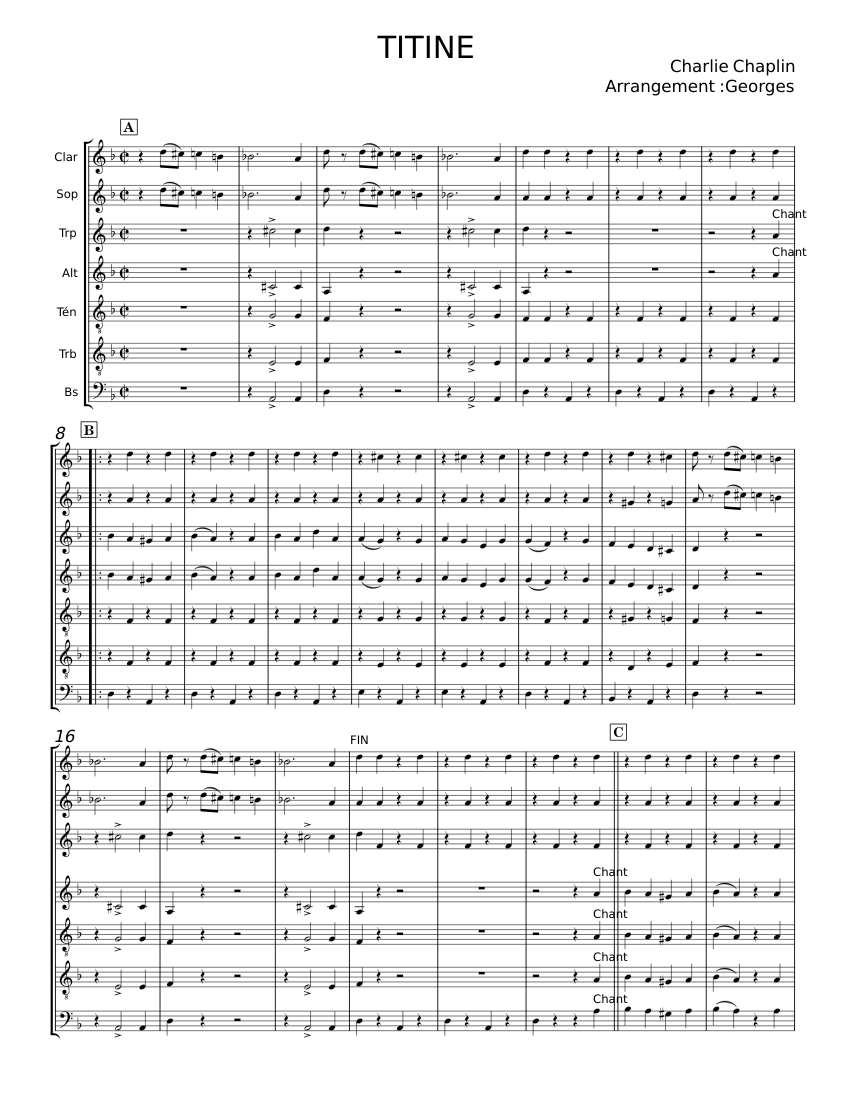 TITINE – Charlie Chaplin Sheet Music for Trombone, Tuba, Saxophone alto ...