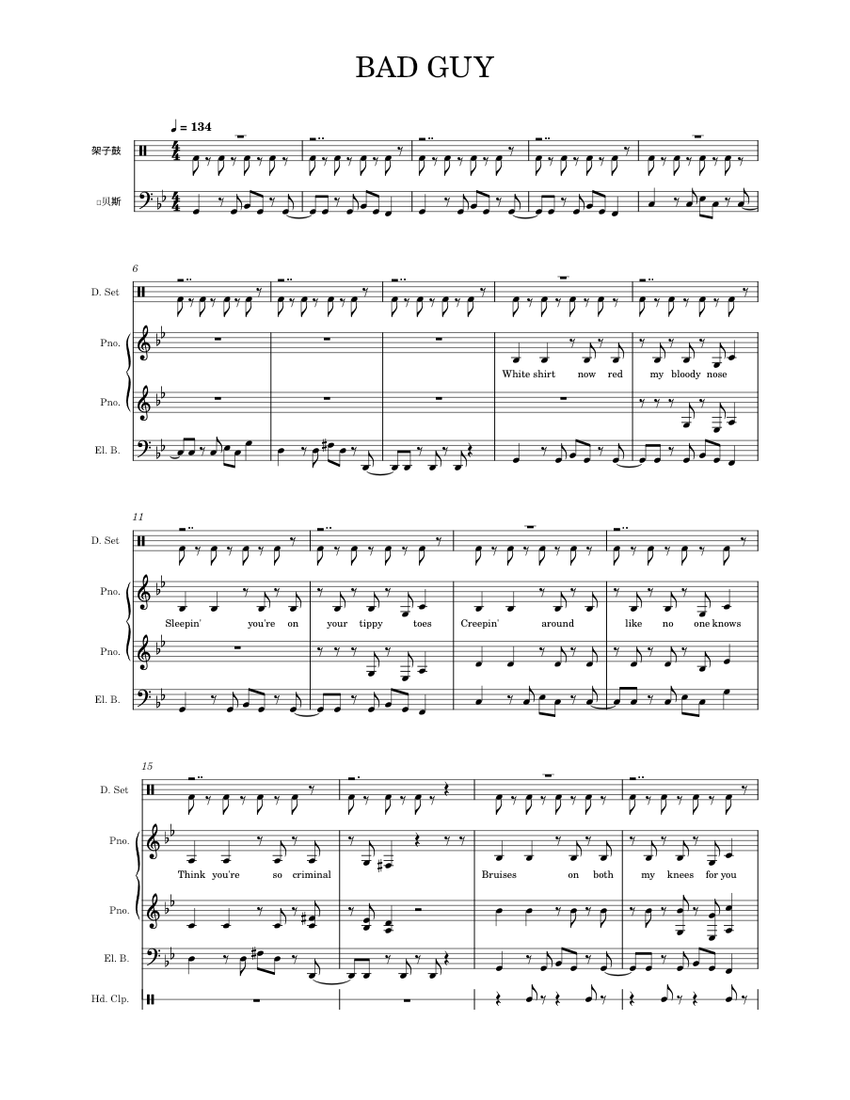 Bad Guy – Billie Elish BAD GUY Sheet music for Piano, Bass guitar, Drum ...