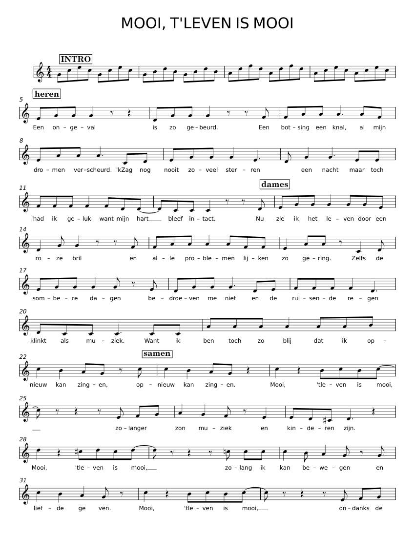 MOOI, T'LEVEN IS MOOI Sheet music for Piano (Solo) Easy | Musescore.com