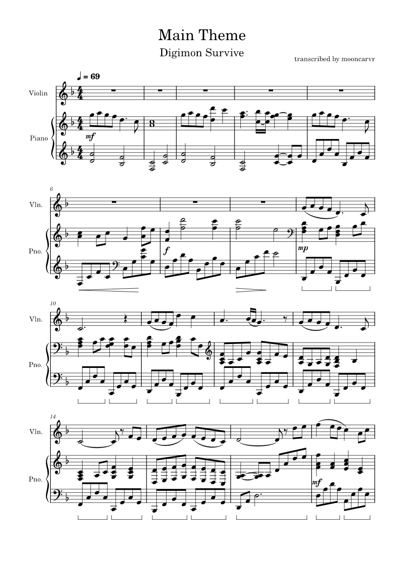 Digimon Survive Main Theme Sheet Music for Piano, Violin (Mixed Duet ...
