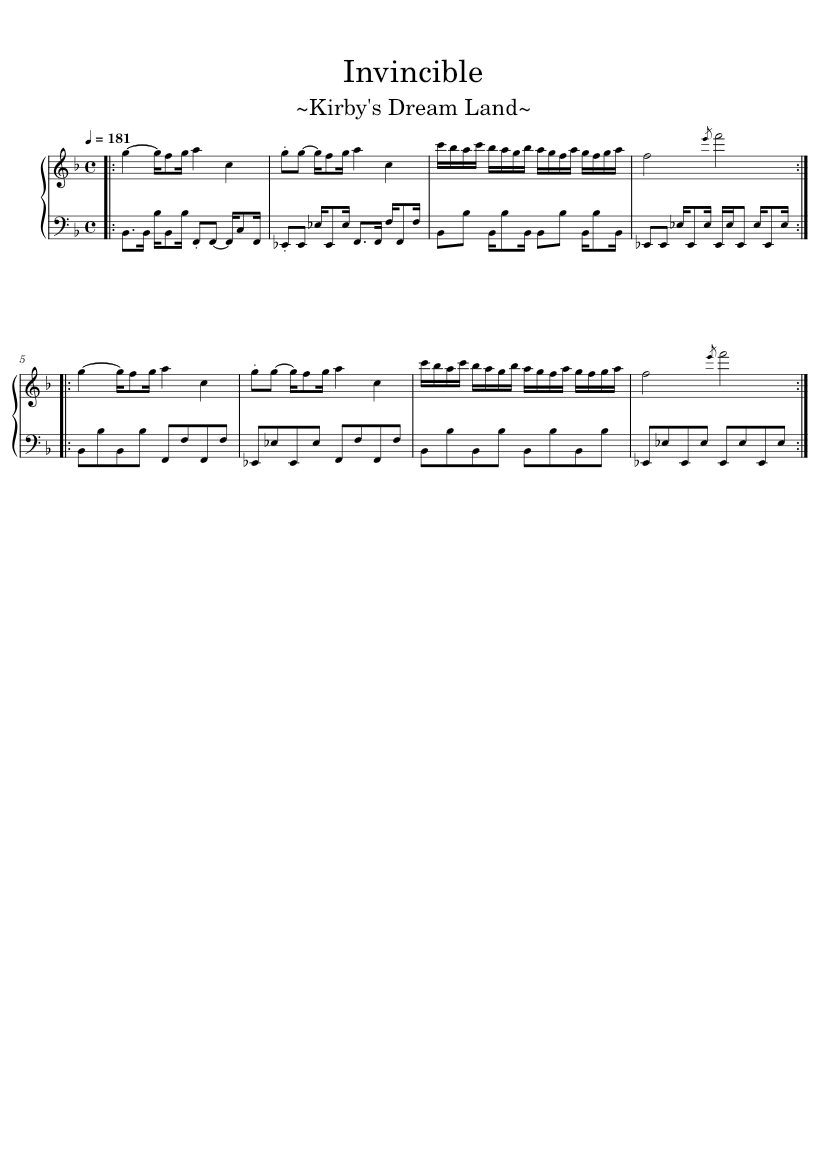 Invincible - Kirby's Dream Land Sheet Music for Piano (Solo ...