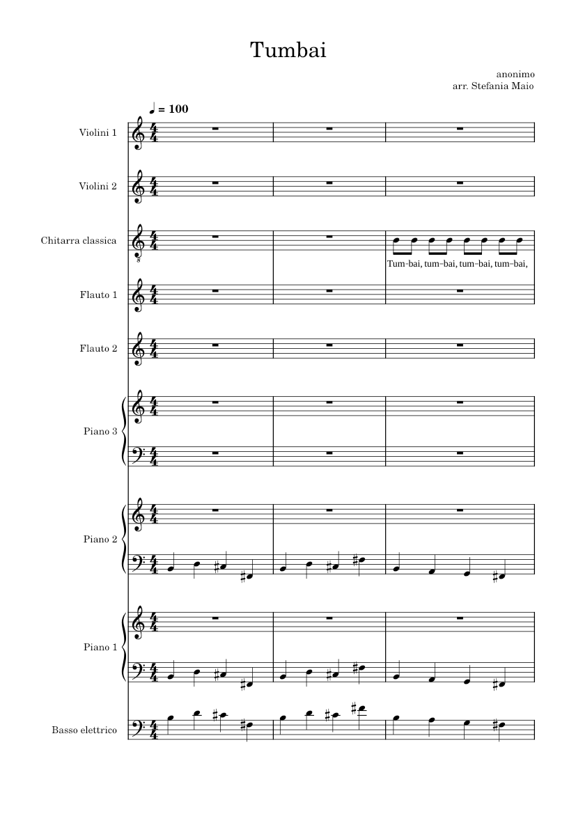tumbai tumbai canone Sheet Music for Piano, Flute, Guitar, Bass guitar ...