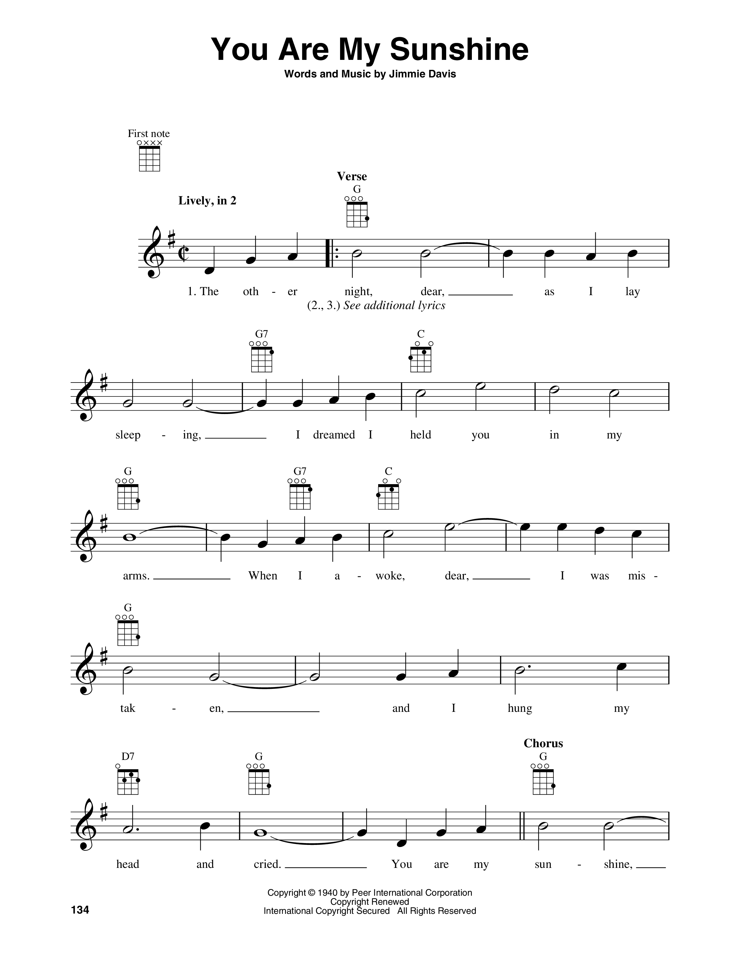 Play Official version of You are my sunshine Sheet Music by Jimmie ...