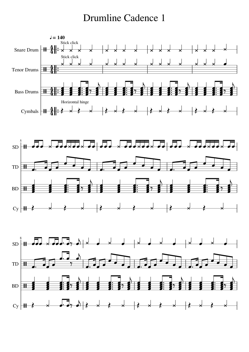 Drumline Cadence 1 Sheet Music for Snare drum, Crash, Tenor drum, Bass ...