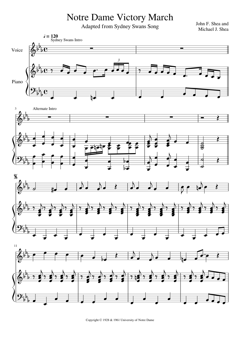 Notre Dame Victory March Sheet Music for Piano, Vocals (Piano-Voice ...