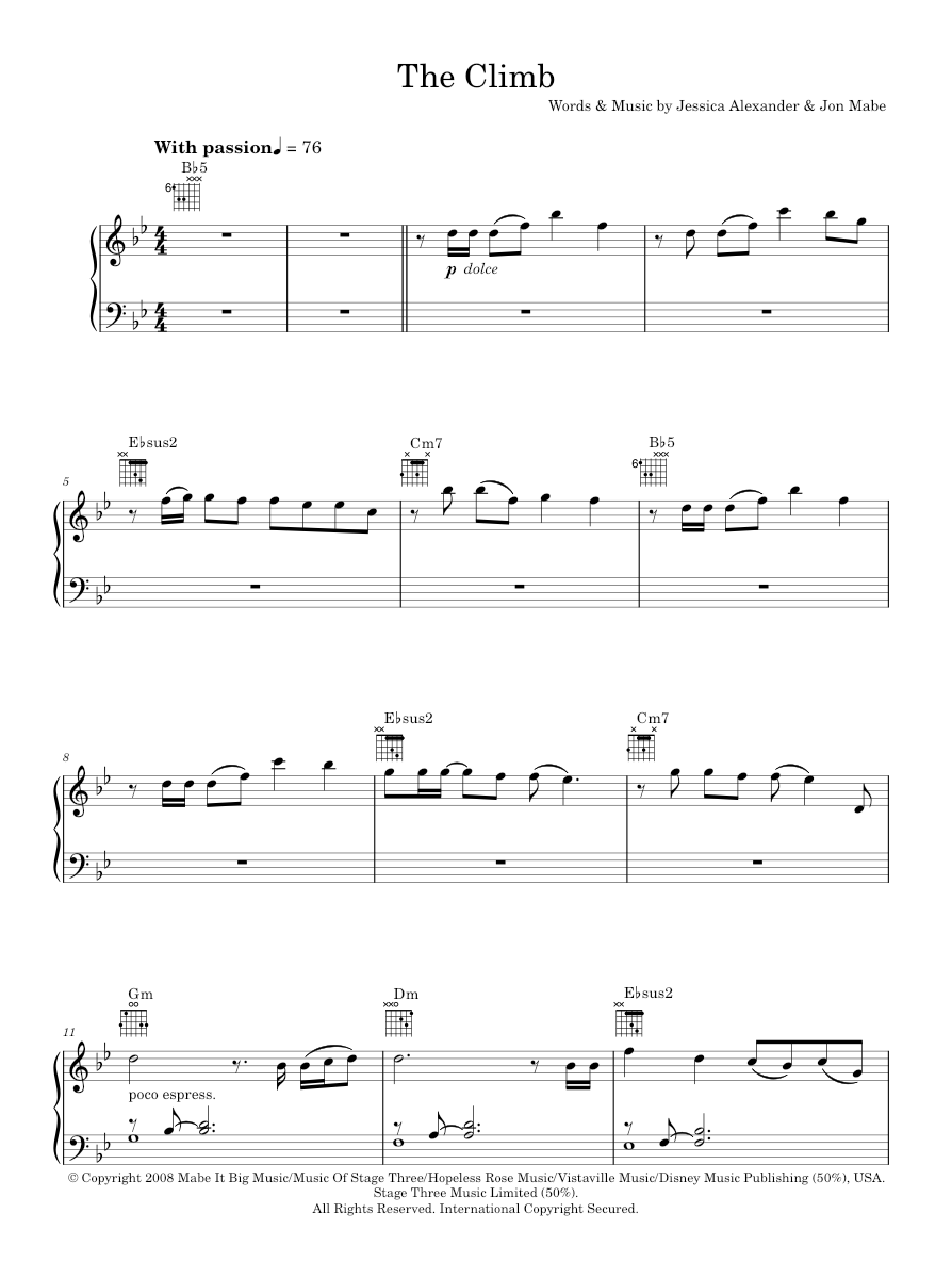 Play Official version of The climb sheet music by Miley Cyrus for Piano ...