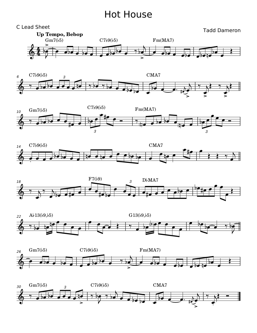 Hot House - Tadd Dameron Sheet Music with Chords for Piano (Solo) Easy ...