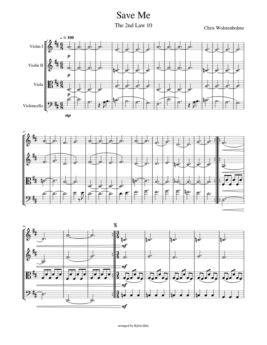 Muse - Save Me Sheet music for Violin, Viola, Cello (String Quartet ...
