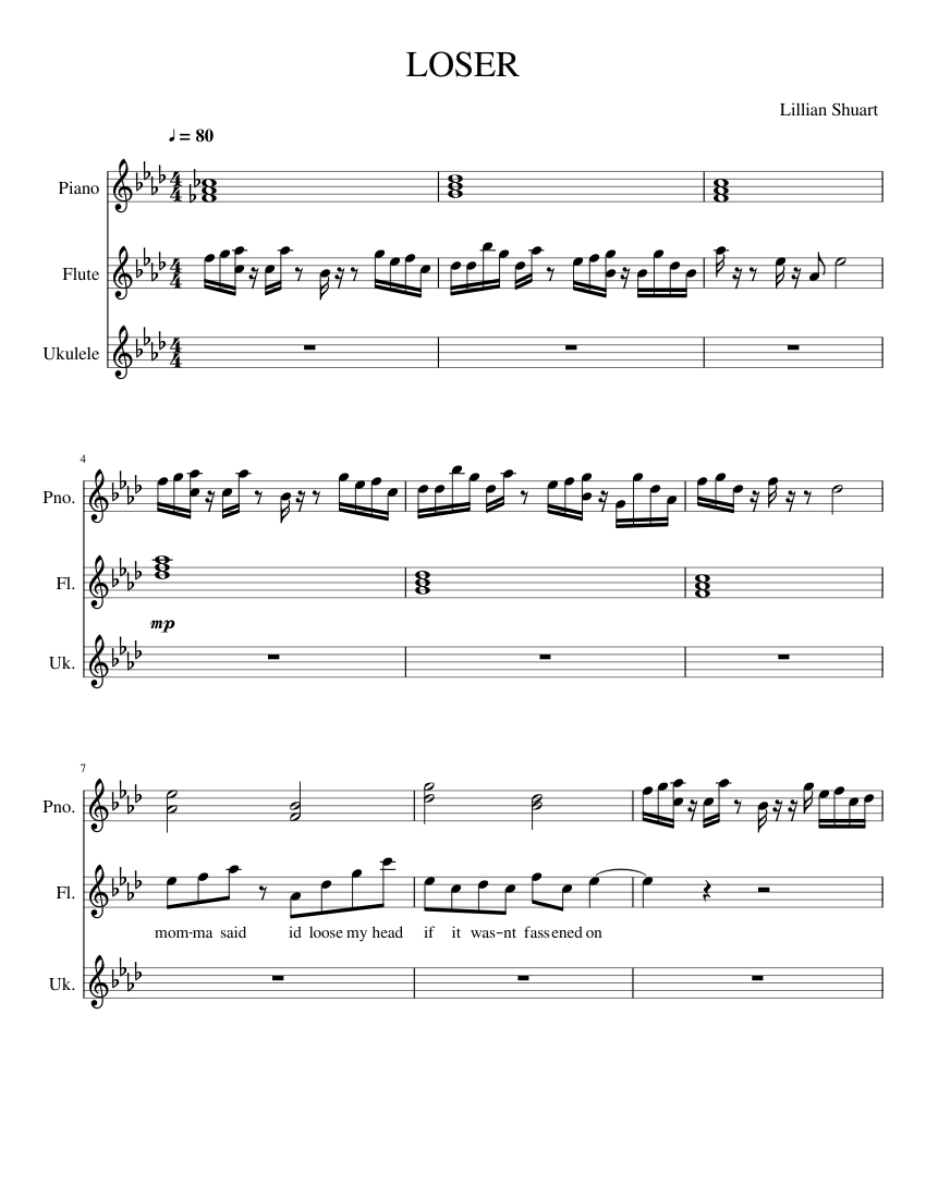 LOSER Sheet music for Piano, Flute, Clarinet in b-flat, Ukulele (Mixed ...