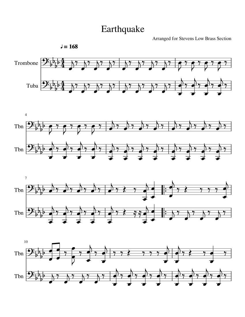 Earthquake (low brass fanfare) Sheet Music for Trombone, Tuba (Brass ...