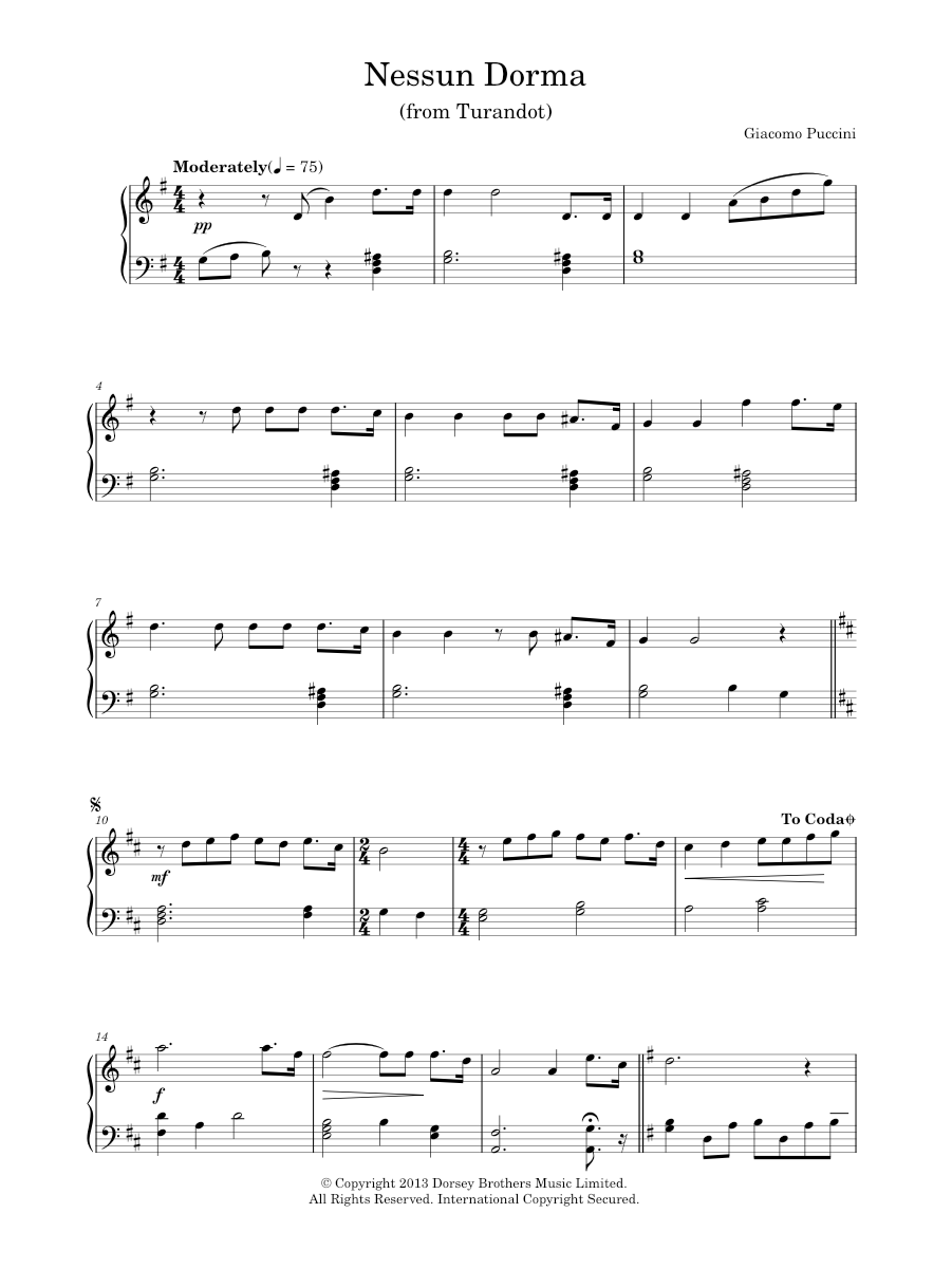 Play Official version of Nessun Dorma from the opera Turandot sheet music by Giacomo Puccini for ...