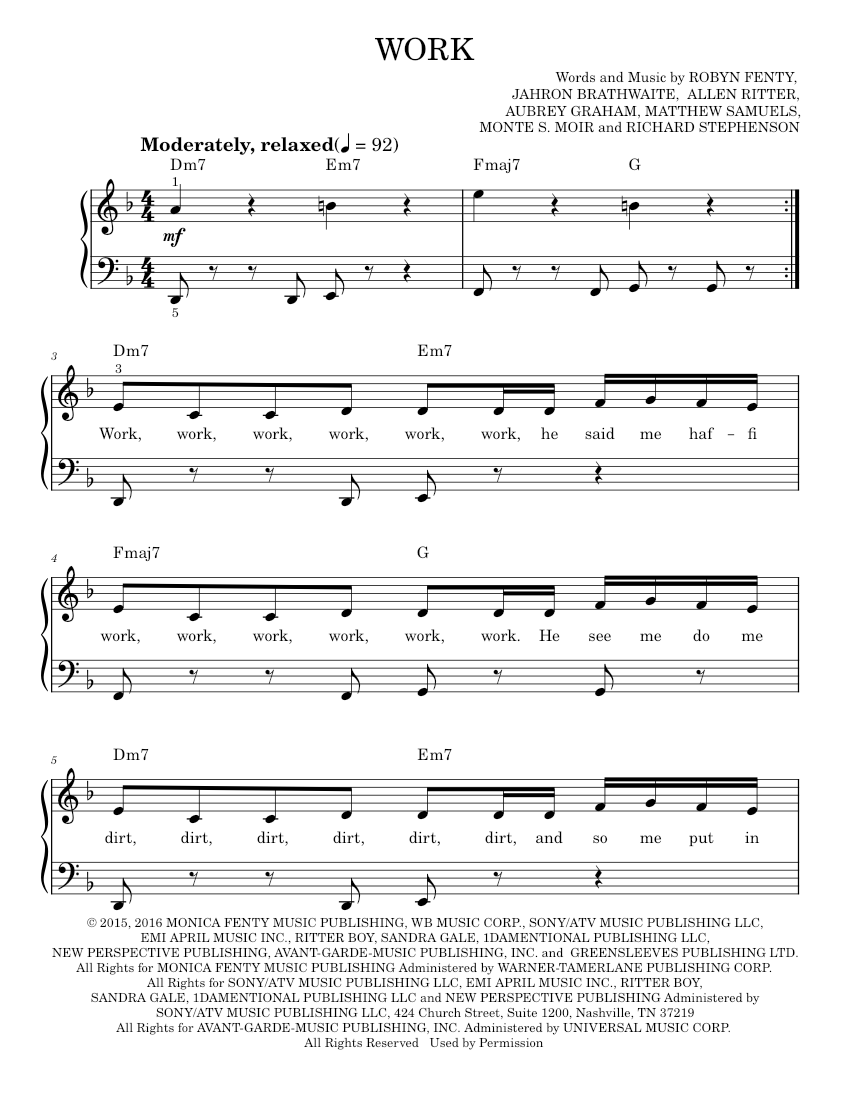 Play Official version of Work Sheet Music by Drake for Piano ...