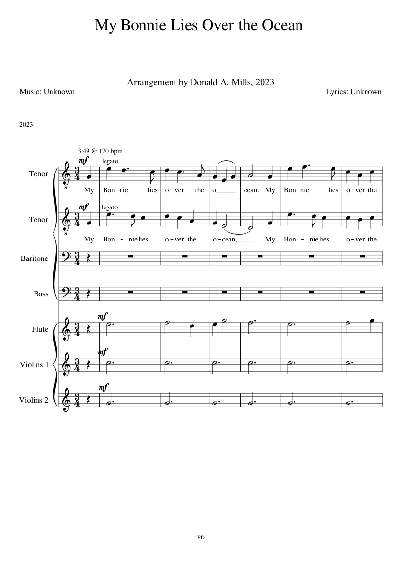 My Bonnie Lies Over the Ocean – Traditional Sheet music for Tenor, Bass ...