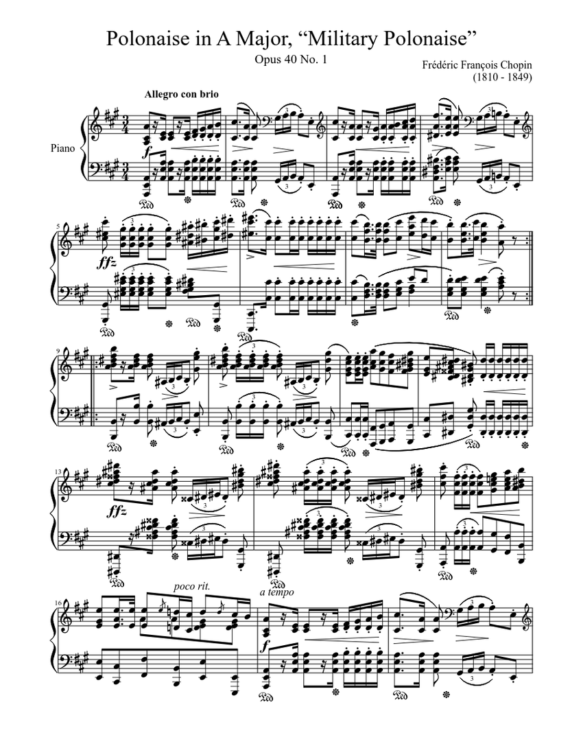 Polonaise Opus 40, No. 1 in A Major, “Military Polonaise” Sheet music ...
