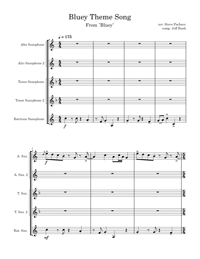 Bluey Theme Song Sheet Music for Saxophone alto, Saxophone tenor ...