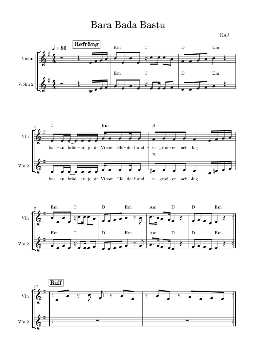 Bara Bada Bastu – KAJ Sheet Music and Tab with Chords for Violin (String Duet) | MuseScore.com