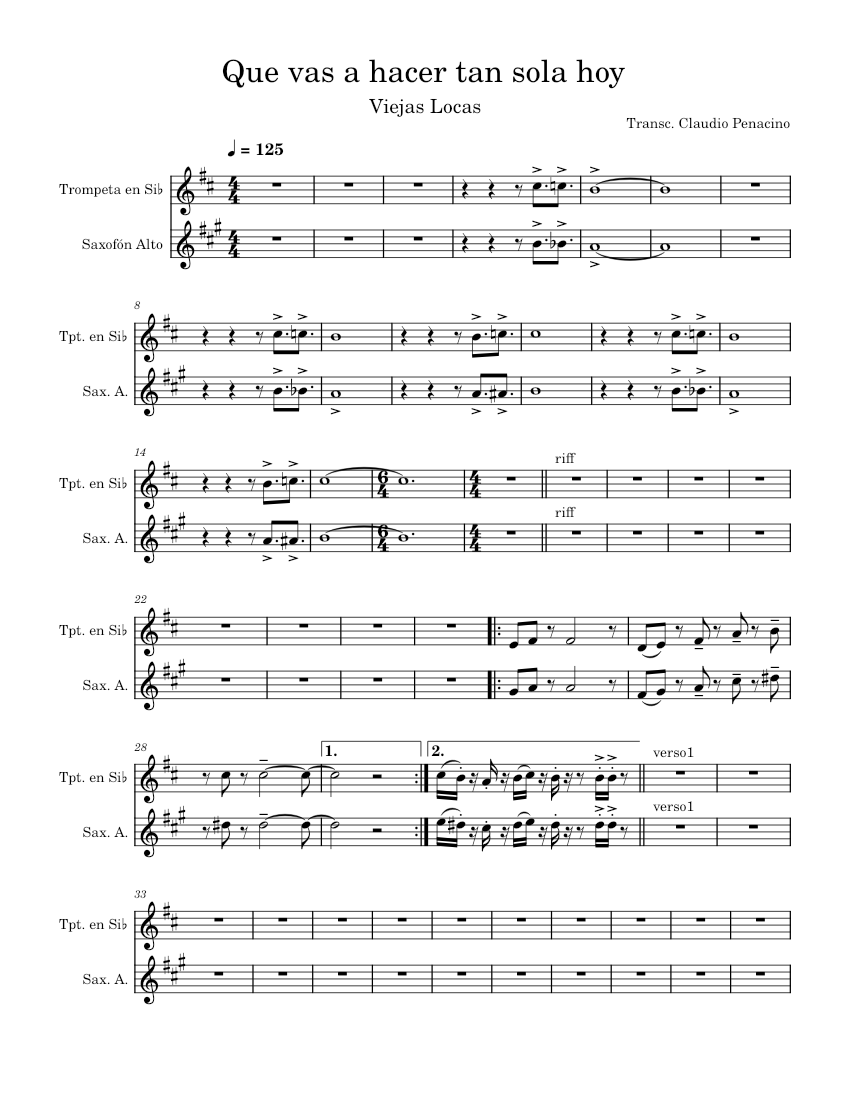 Que vas a hacer tan sola hoy – Viejas Locas Sheet Music for Saxophone ...