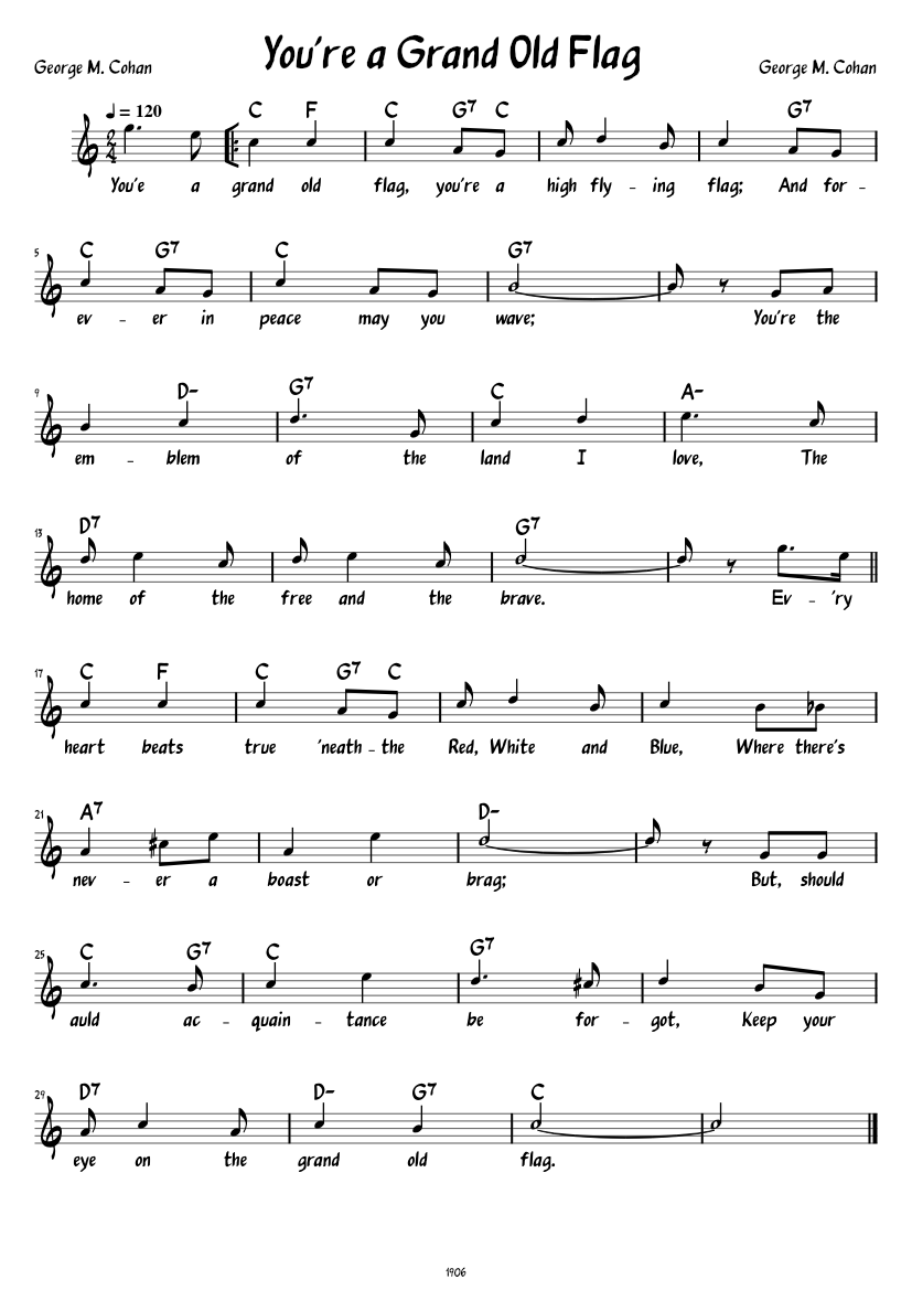 You're A Grand Old Flag (Lead sheet with lyrics ) Sheet Music for Piano ...