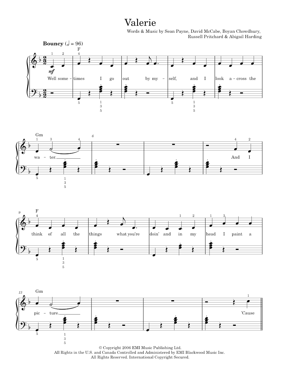 Play Official version of Valerie Sheet Music by Amy Winehouse for Piano ...