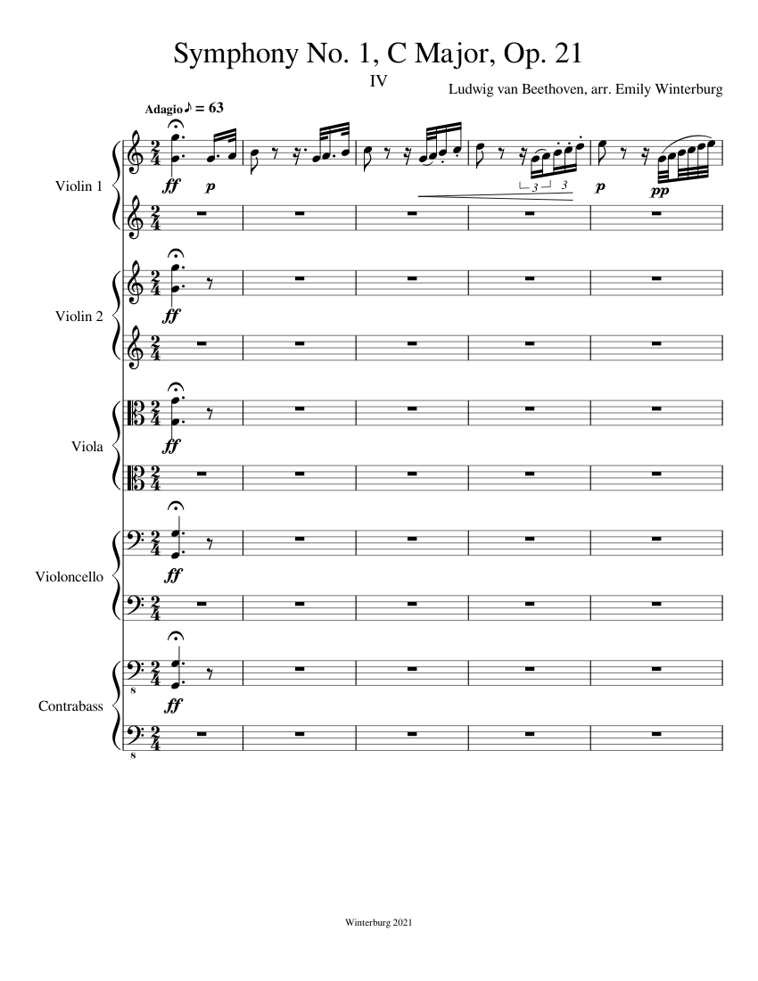 Symphony No.1, Op.21 – Ludwig van Beethoven, Mvt IV Sheet music for Contrabass, Violin, Viola ...